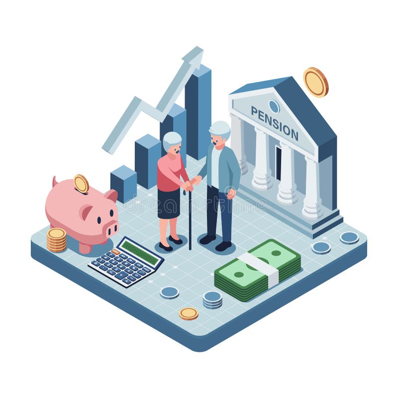 Isometric Retired Elderly Couple with Pension System Stock Illustration ...
