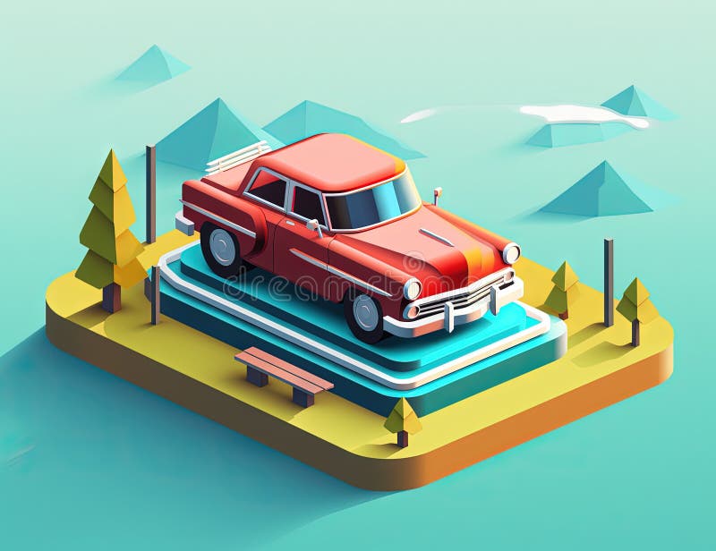 Isometric Retro Car Travelling with Elements of Environment. Stock ...