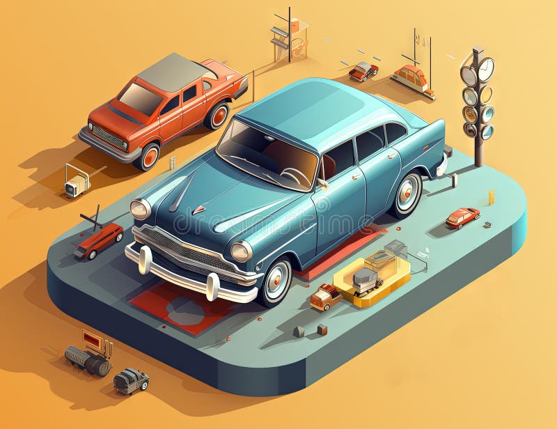 Isometric Retro Car Travelling with Elements of Environment. Generated ...