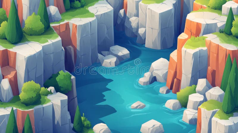 Isometric River Canyon Landscape Illustration Stock Illustration ...