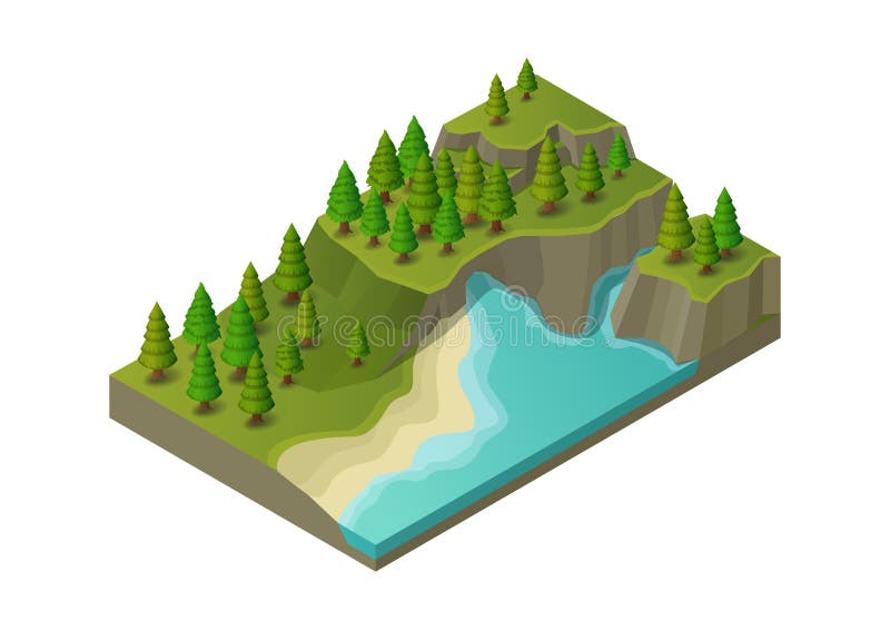Isometric River with Pines Forest Stock Vector - Illustration of forest ...