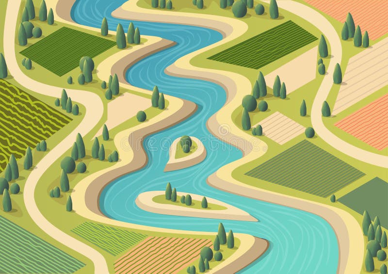 Isometric River with Trees and Rice Field Stock Vector - Illustration ...