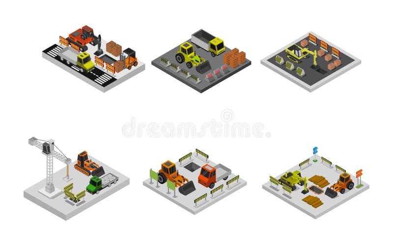 Isometric Road Work in Progress Set Vector Illustration Stock ...