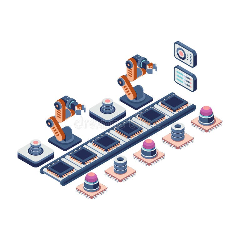 Isometric Robotic Assembly Line for Semiconductor Manufacturing Stock ...
