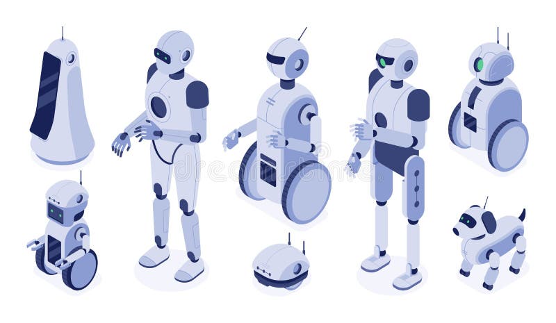 Isometric Robots. Digital Robotic Machines, Futuristic Android Development and 3d Robot ...