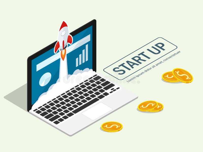 Isometric Rocket Fast Start Up Launch Laptop,ecommerce Business Start ...