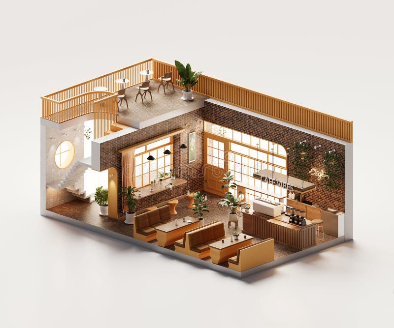 Isometric Room Minimal Cafe Store Open Inside Interior Architecture 3d ...