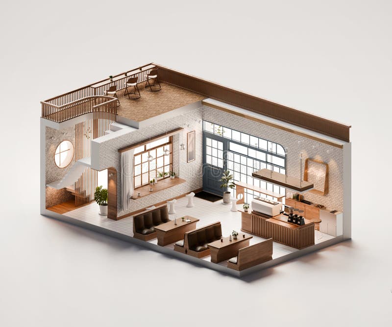 Isometric Room Minimal Cafe Store Open Inside Interior Architecture 3d ...