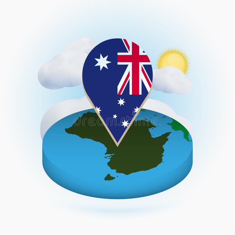 Isometric Round Map of Australia and Point Marker with Flag of ...