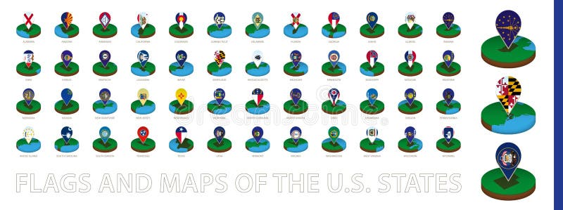 Isometric Round Map and Point Marker with Flag, Collection of U.S Stock ...