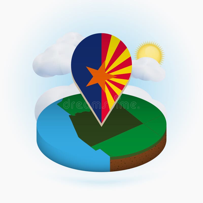 Isometric Round Map of US State Arizona and Point Marker with Flag of ...