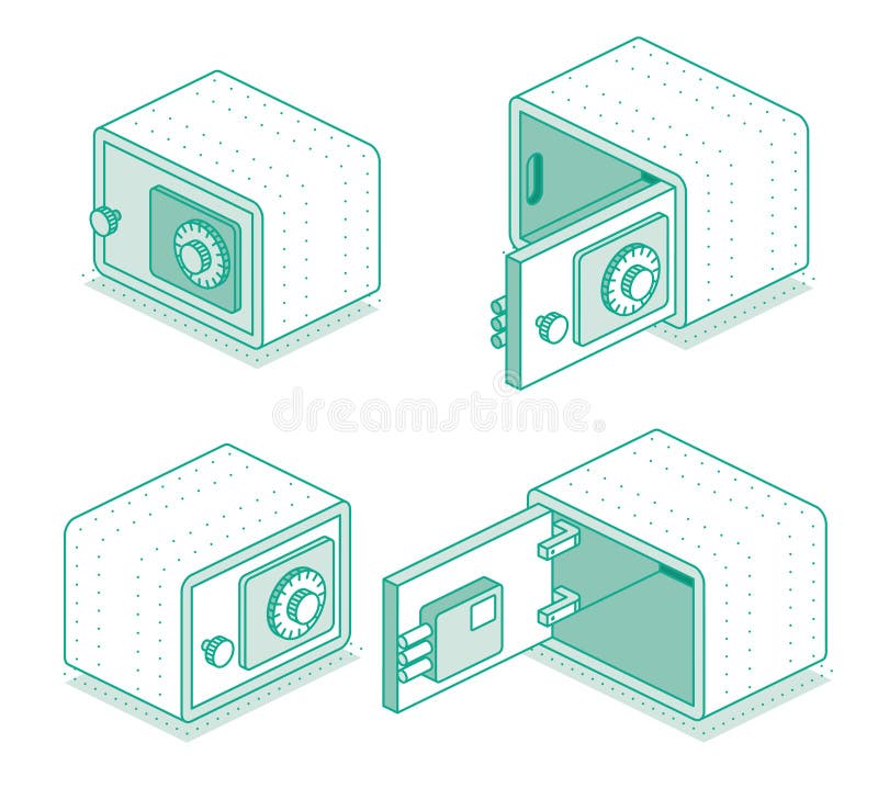Isometric Safe with Open and Closed Doors. Outline Object Isolated on ...