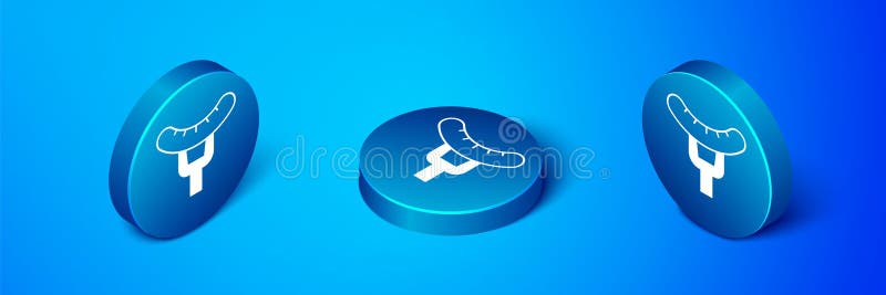 Isometric Sausage on the Fork Icon Isolated on Blue Background. Grilled ...