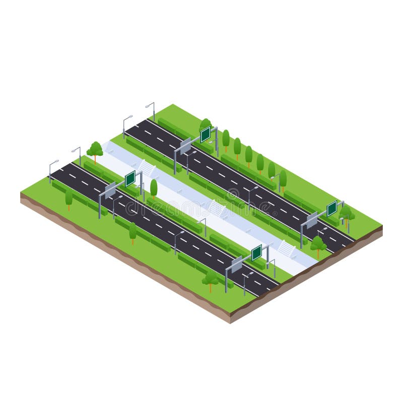 Isometric Scene of Highway Road with Sign and Spotlight Lamp Stock ...