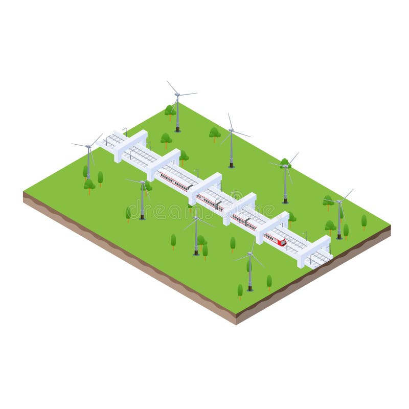 Isometric Scene Modern Electric High Speed Train with Wind Turbines ... Isometric Scene Modern Electric High Speed Train with Wind Turbines ...