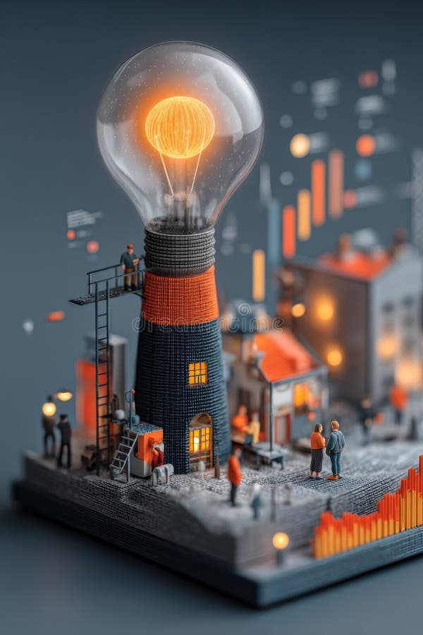 Isometric Scene with People Working Around a Glowing Light Bulb ...