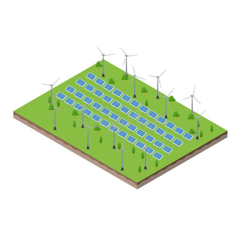 Isometric Scene Wind Turbines Generating Electricity and Solar Farm ... Isometric Scene Wind Turbines Generating Electricity and Solar Farm ...
