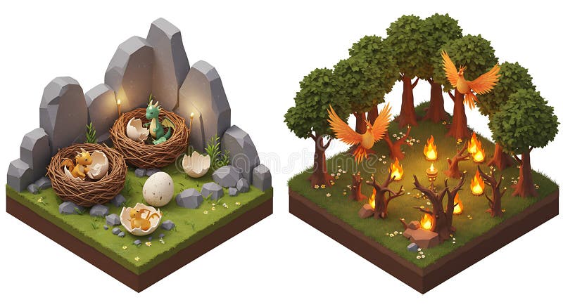 Isometric Scenes Showing Fantasy Creature Hatching and Forest Campfire ...