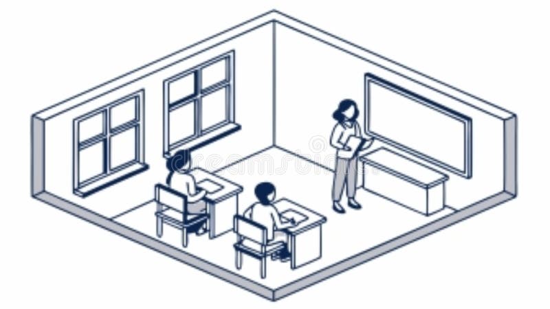 Isometric School Classroom, Students at Desks, Interactive Learning ...