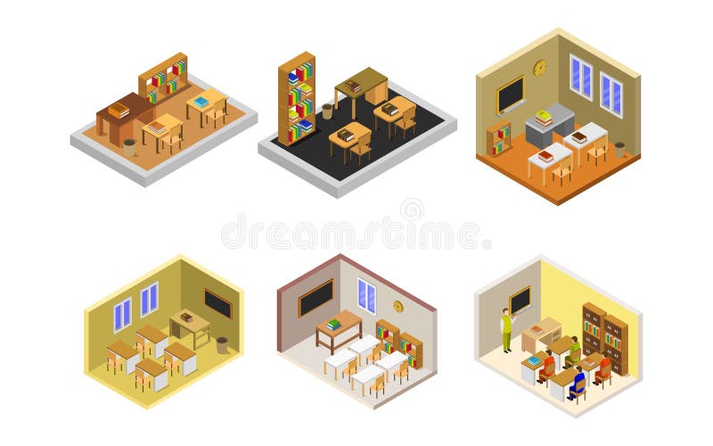 Isometric Classroom Illustration with Teacher and Students Vector ...