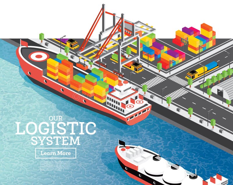 Isometric Sea Port with Container Ship. Gantry Crane Loads Cargo on ...
