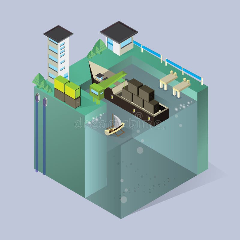 Isometric Seaport Elements, Cargo Ships, Barges and Containers. Marine ...