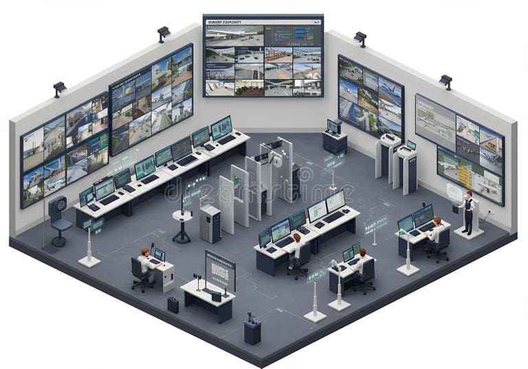 Isometric Security Operation Center Featuring Airport Surveillance and ...