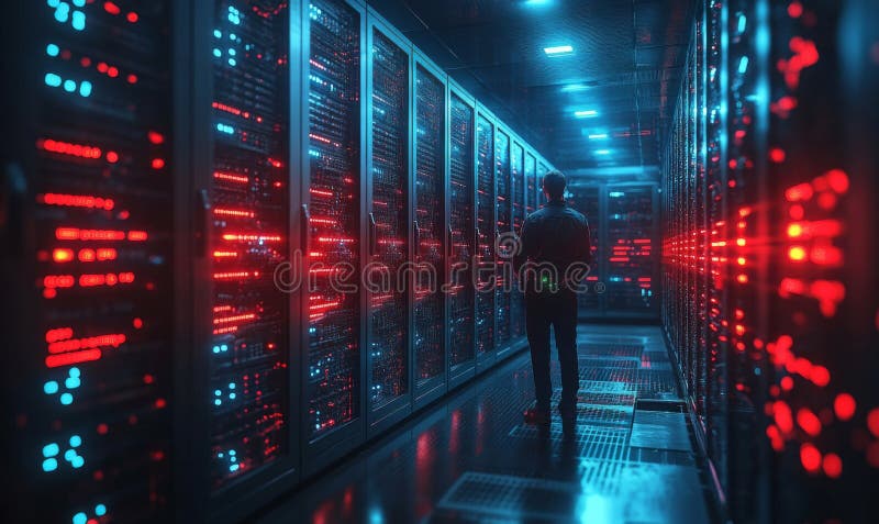 Isometric it Server Room with Rows of Servers, Cables, and a Technician Monitoring Systems, High ...