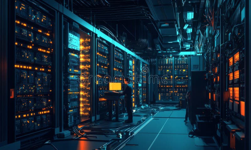 Isometric it Server Room with Rows of Servers, Cables, and a Technician ...