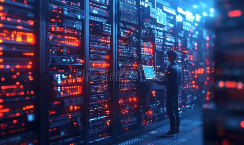 Isometric it Server Room with Rows of Servers, Cables, and a Technician ...