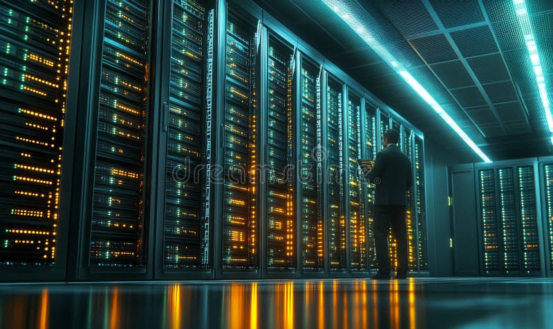 Isometric it Server Room with Rows of Servers, Cables, and a Technician ...