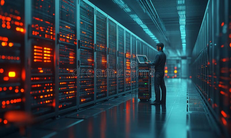Isometric it Server Room with Rows of Servers, Cables, and a Technician ...