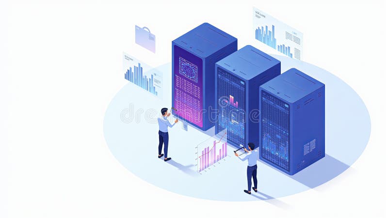 Isometric Servers with Engineers Analyzing Data Stock Illustration ...