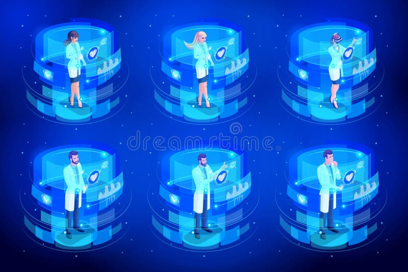 Isometric Set Doctors Working on Virtual Screens, Remote Control of ...
