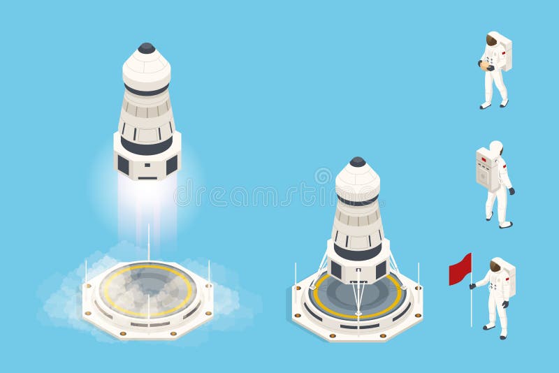 Isometric Set Elements of Space Rocket or Shuttle. Rocket Takes Off ...