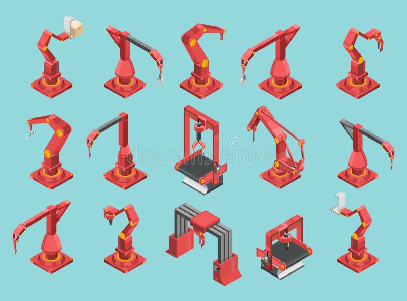 Isometric Set of Red and Grey Conveyor Machines with Robotic Hands ...