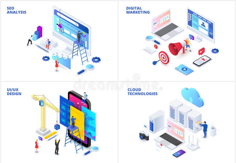 Isometric Set with Seo, Digital Marketing, Cloud Technologies and Ui ...