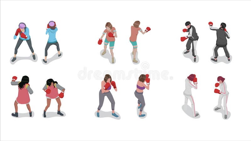 Isometric Set of Woman People Practice Boxing and Punching Pose ...