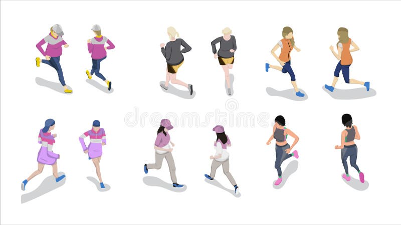 Isometric Set Woman People Running Pose Activity Stock Illustration ...