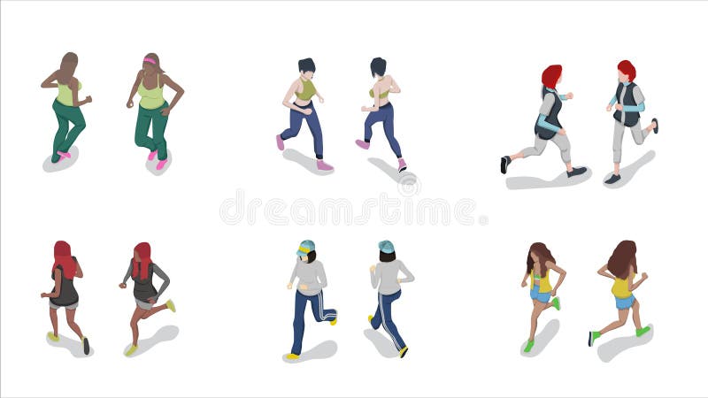 Isometric Set Woman People Running Pose Activity Stock Vector ...