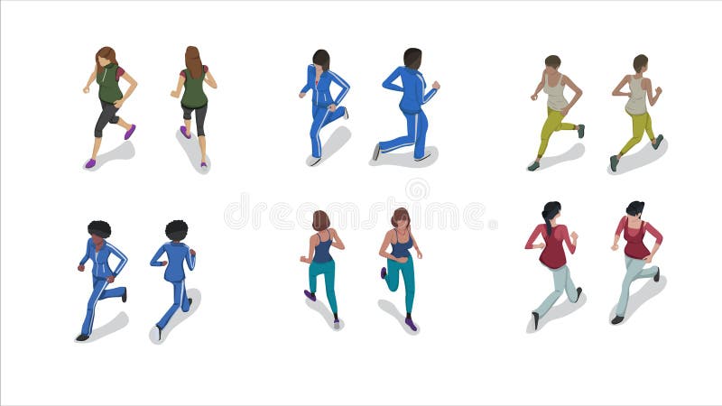 Isometric Set of Woman People Running Pose Activity Stock Vector ...