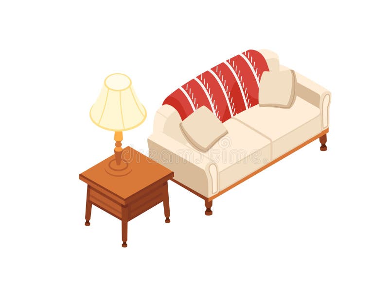 Isometric Setup Featuring Side Table with Lamp and Sofa with Cushions ...