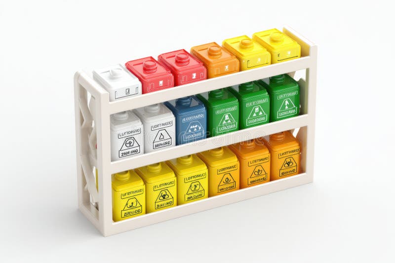Isometric Shelf Displaying Color-Coded Hazardous Materials in Organized ...