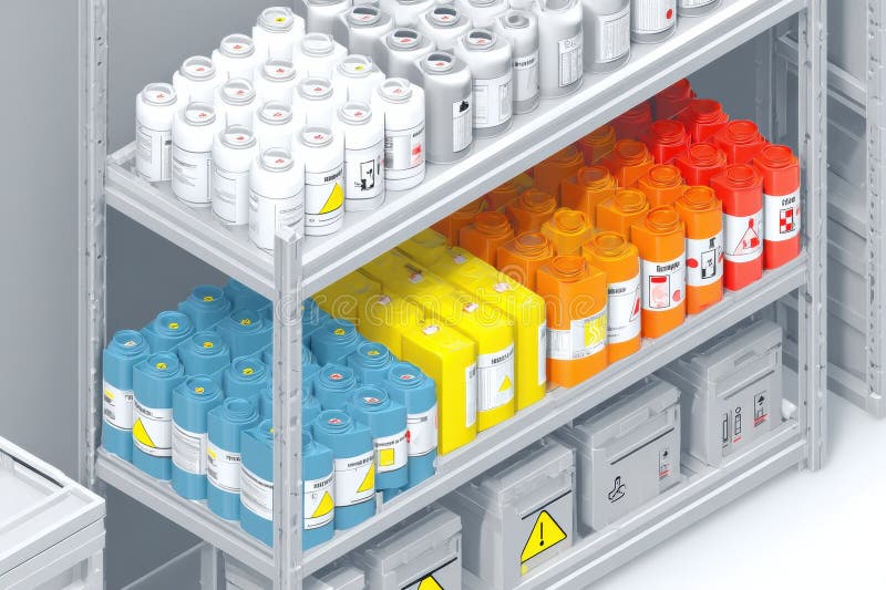 Isometric Shelf Organized with Color-Coded Hazardous Materials in a ...