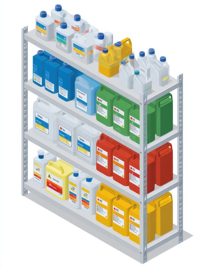 Isometric Shelf Displaying Color-Coded Hazardous Materials in Organized ...