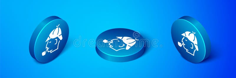 Isometric Sherlock Holmes with Smoking Pipe Icon Isolated on Blue ...