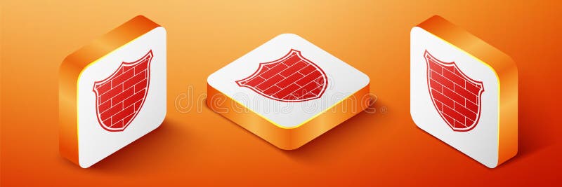 Isometric Shield with Cyber Security Brick Wall Icon Isolated on Orange ...