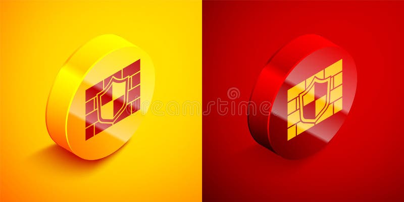 Isometric Shield with Cyber Security Brick Wall Icon Isolated on Orange ...