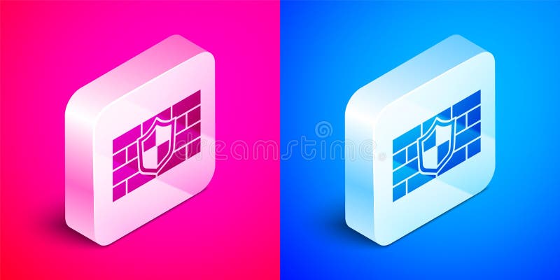 Isometric Shield with Cyber Security Brick Wall Icon Isolated on Pink ...
