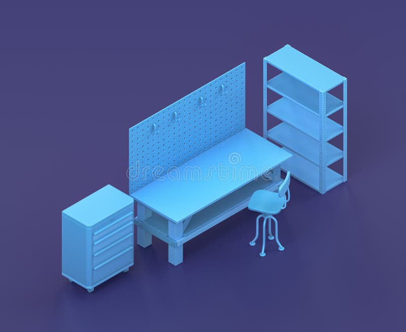 Isometric Single Color Workshop with Workbench in Blue Background, Flat ...